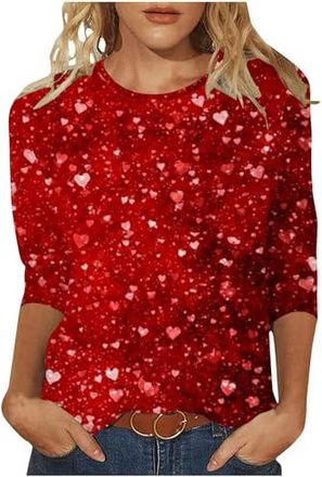 Generic 2026 Saint-Valentin femmes automne et hiver d&eacute;contract&eacute; mode col rond impression Saint-Valentin t-shirt &agrave; manches trois quarts, rouge past&egrave;que, XXL