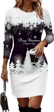 Onsoyours Weihnachtskleid Damen Weihnachtsdruck Pulloverkleid Langarm Rundhals Weihnachten Minikleid Schneeflocken Muster Partykleid Elegant Wickelkleid Slim Fi