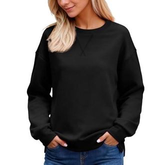 Generic 2026 Printemps Ourlet fendu Col Rond, Sweatshirt &agrave; manches longues D&eacute;contract&eacute; Coupe ample Pull Doux Chaud Automne Hiver Mode Couleur unie Haut, Noir,