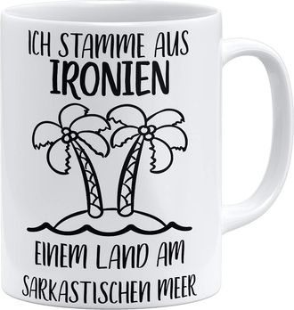 OM3 Ich stamme aus Ironien einem Land am sarkastischen Meer Kaffee-Tasse - Keramik Becher - 11oz 325ml - Spruchtasse mit Palme & Insel - Weiss