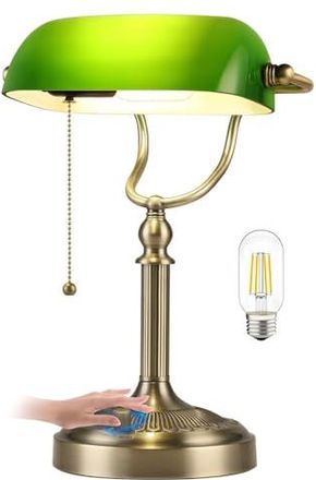 Newrays Lampe de bureau Bankers en verre vert, lampe de table &agrave; intensit&eacute; variable en continu, luminaire &agrave; brancher pour &eacute;tude, bureau, ampoule LED incluse
