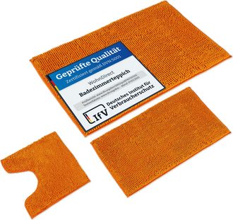 WohnDirect Badematten Set 3 teilig Orange - WC Vorleger (45x45cm), Badematte (50x80cm,70x120cm) - rutschfest waschbar Badezimmerteppich MIT WC-Ausschnitt