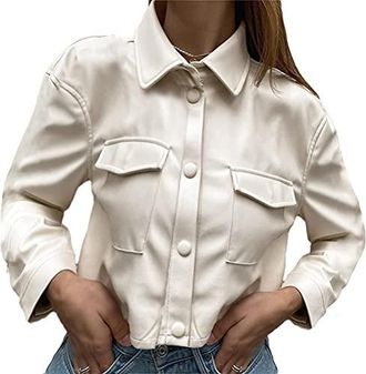 Onsoyours Veste Courte pour Femme en Cuir Style Décontracté Veste en Cuir PU Bombers Moto Blouson Femme Simili Cuir Biker Zippé Chaud Casual A Blanc M