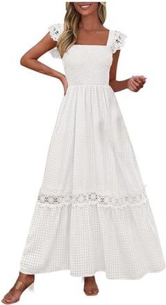 Generic Robe bohème dété 2025 en dentelle patchwork à smocks pour femmes, décontractée, légère, confortable, élégante, unie, tendance, manches à volants, flui