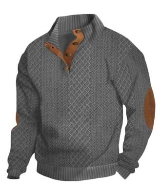 Generic Pull en tricot torsad&eacute; pour homme - Manches longues - Col montant - Fermeture &eacute;clair 1/4 - Avec coudes, gris fonc&eacute;, 4XL