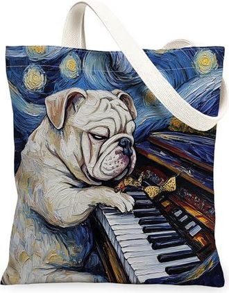 Generic Sac fourre-tout en toile motif bouledogue 33 x 38 cm, motif piano &eacute;toil&eacute;, sac d&eacute;picerie r&eacute;utilisable pour femme, animal de compagnie, chiot, peinture,