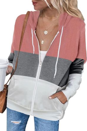 EUDOLAH Damen Colorblock Sweatjacke mit Tasche Kapuzenjacke mit Reißverschluss Loose Fit Hoodie Casual Running Fitness Sweatshirt Rosa XXL