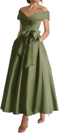 Generic Robes de m&egrave;re de la mari&eacute;e en satin &agrave; &eacute;paules d&eacute;nud&eacute;es longueur midi robe dinvit&eacute;e de mariage formelle avec noeud, Sauge poussi&eacute;reuse., 44