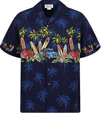 Pacific Legend Original Chemise-Hawaienne, Manche-Courte, Surfbretter Autos Chest-Print, Bleu, XXL