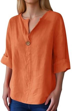 Generic T-Shirt Lin Femme D&eacute;contract&eacute; Large Col V &agrave; Manches 3/4 Chemisier &eacute;l&eacute;gant Henley Couleur Uni Tee Shirt &eacute;t&eacute; Haut Top Respirant T-Shirts Grande Taille C