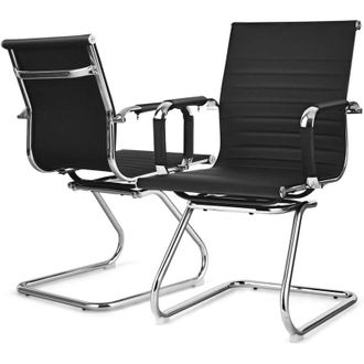 Costway Costway - 2 Set B&uuml;rostuhl mit R&uuml;ckenlehne, ergonomischer Schreibtischstuhl aus Kunstleder mit Kufengestell & sch&uuml;tzenden Armlehnen, Konferenzstuhl