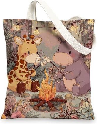 Generic Sacs fourre-tout en toile motif animal, girafe mignonne hippopotame, sacs à provisions réutilisables, nature bohémienne, léger, lavable, épaule B, mul