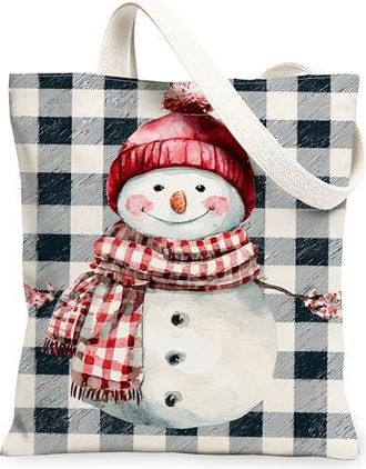 Generic Sacs fourre-tout en toile motif bonhomme de neige, r&eacute;utilisables, l&eacute;gers et lavables avec bandouli&egrave;re, blanc, 13x15 Inch
