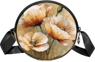 Generic Sac &agrave; bandouli&egrave;re rond pour femme, style r&eacute;tro, coquelicots de couleur cr&egrave;me, avec fermeture &eacute;clair, bretelles r&eacute;glables, sac &agrave; main rond d&eacute;contract&eacute; 