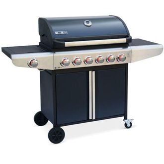 Alice's Garden Barbecue au gaz - Bazin 6 Gris anthracite - Cuisine ext&eacute;rieure 6 br&ucirc;leurs dont 1 feu lat&eacute;ral avec tablettes et thermom&egrave;tre. rangement. roues