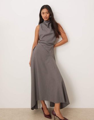 Asos Maxikleid in Grau mit drapiertem, hohem Ausschnitt und Zipfelsaum