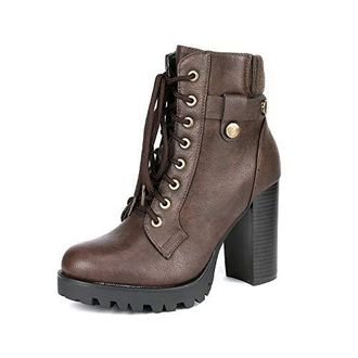 Dream Pairs Bottes pour Femmes Bottines à Talons Hauts Chaussures à Plateforme avec Lacets et Fermeture Eclair SCANDL,Size 40.5,Brun,SCANDL