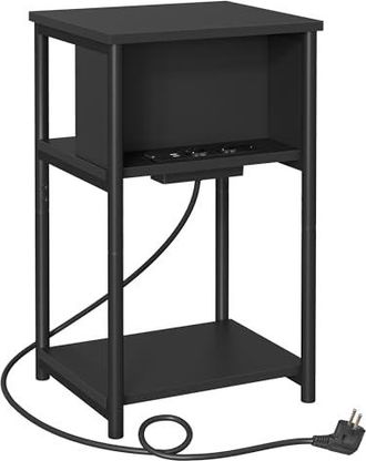 Vasagle Table dAppoint, Petite Table de Chevet avec Multiprise, Fin, 2 Prises CA, 2 Ports USB, 30 x 34 x 58 cm, pour Salon, Chambre, Noir LET375B02