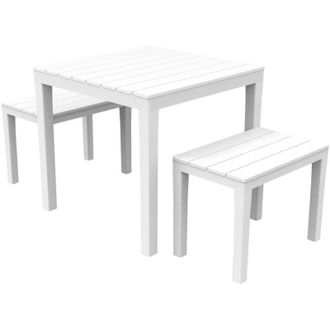 Dmora Outdoor-Lounge-Set Moncalieri, Gartenset mit 1 quadratischem Tisch und 2 B&auml;nken, Picknickset f&uuml;r drinnen und drau&szlig;en, 100 % Made in Italy, wei&szlig;