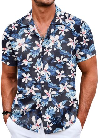 Coofandy Herren Hawaiihemd Kurzarm Sommerhemd mit Taschen Casual Shirt Strandhemd Kurzarm Hawaii Hemd M&auml;nner Urlaubshemd Navyblau Blumen 3XL