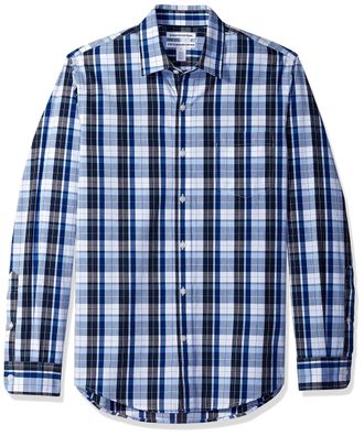 Amazon Essentials Herren Lang&auml;rmeliges Hemd aus Popeline, Schmale Passform, Blau Dunkelgrau Karomuster, XXL