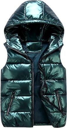 Generic Gilet sans manches &agrave; capuche brillant pour femme, fermeture &eacute;clair sur le devant, matelass&eacute;, id&eacute;al pour lhiver, vert, taille S