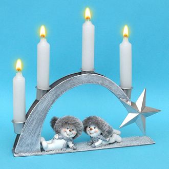 Sigro Metall Leuchter mit 2 kleine Poly Schneemann Figur, 16 x 4,2 x 27,5 cm, Grau/Silber