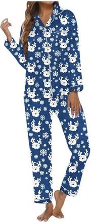 Generic Ensemble de v&ecirc;tements de nuit &agrave; manches longues avec poche boutonn&eacute;e pour femme, bleu, XXL