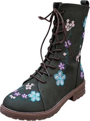 Generic Bottes &agrave; lacets pour femme - Talon bas - Style d&eacute;contract&eacute; - &Eacute;l&eacute;gantes - Bout rond - Broderie - Fermeture &eacute;clair lat&eacute;rale - Antid&eacute;rapantes - Confortab