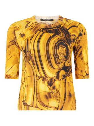 Roberto Cavalli Geripptes T-Shirt mit Ambra-Print - Gelb