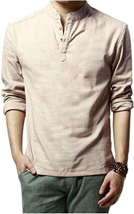Hoerev Marke Men Casual Langarm-Leinen Shirts Strand-Hemden- Gr. XXXL Brust 110-114cm DE56, Farbe: Beige