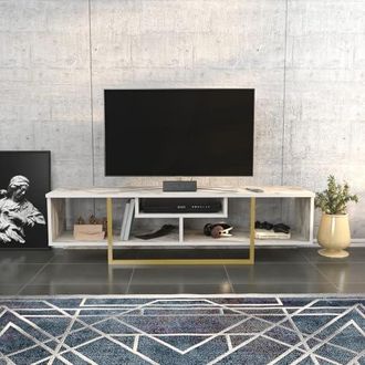 Hanah Home Glamorous TV Stand, Gold & White, 150 cm x 35.2 cm x 40 cm | 100% Melamine Coated Particle Board, 18 mm Thick | Stylish & Functional for Modern Living