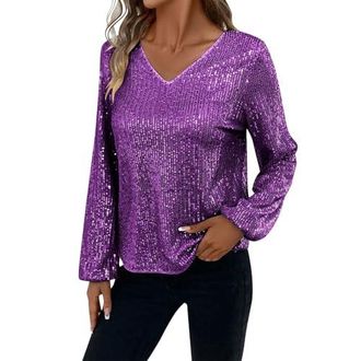 Generic Haut &agrave; paillettes pour femme - Tunique brillante &agrave; manches longues et col en V - T-shirt pour f&ecirc;te, bo&icirc;te de nuit - T-shirt ample d&eacute;contract&eacute; pour fem