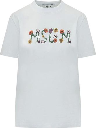 Msgm Msgm, Femme, Tops, Blanc, Taille: 40 FR Floral Logo T-Shirt