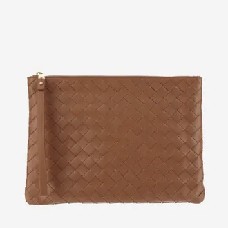 Bottega Veneta Womens Medium Flat Intrecciato Pouch Brown Lambskin Clutch Bags