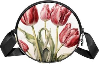Generic Sac &agrave; bandouli&egrave;re rond pour femme, motif fleurs et tulipes avec fermeture &eacute;clair, bretelles r&eacute;glables, style d&eacute;contract&eacute;, pour femmes et filles