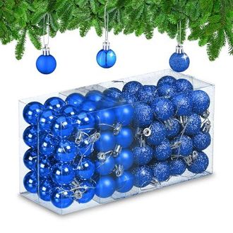 Relaxdays Weihnachtskugeln im 96er Set, glitzernde, matte & glänzende Baumkugeln, Weihnachtsbaumdeko, Kunststoff, blau