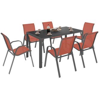 IDMarket Salon de jardin MADRID table 150 CM et 6 chaises empilables terracotta