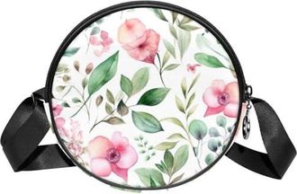Generic Petit sac &agrave; bandouli&egrave;re circulaire pour femme, motif feuilles florales, sac &agrave; dos avec fermeture &eacute;clair, bretelles r&eacute;glables, sac &agrave; main rond d&eacute;contra