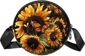 Generic Petit sac &agrave; bandouli&egrave;re rond pour femme, motif tournesol et papillons avec fermeture &eacute;clair et bretelles r&eacute;glables