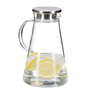 Relaxdays Glaskaraffe, 1,8 l, mit Deckel, Wasser, Saft, Aromawasser, spülmaschinenfest, Wasserkrug, transparent/silber, 24 x 14 x 18 cm