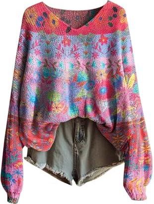 Generic Pull pour femme surdimensionn&eacute; en tricot &agrave; manches longues imprim&eacute; tendance col en V sweatshirts confortables doux et chauds &agrave; rayures pour lext&eacute;rieur