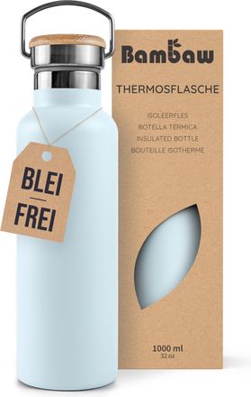 Bambaw Isolierte Wasserflasche 1L - Edelstahl Auslaufsicher Hellblau Metall Thermoskanne - Eisblau