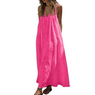 Generic Robe de vacances d&eacute;t&eacute; pour femme en coton l&eacute;ger avec col en V et noeud dans le dos, robe d&eacute;t&eacute; fluide sans manches avec poches, v&ecirc;tement de voyage, ros