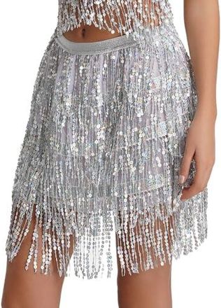 Generic Mini jupe à franges violet pailleté, mini jupe à paillettes, jupe portefeuille décontractée extensible à la taille, jupe de danse de couleur unie, jup