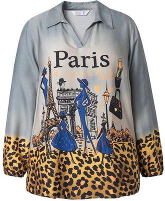 Miamoda Longbluse Tunikabluse A-Linie Paris-Print Leo-Kanten Langarm