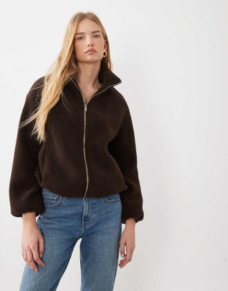 New Look bomber zipp&eacute; en imitation peau de mouton brun fonc&eacute;-Marron