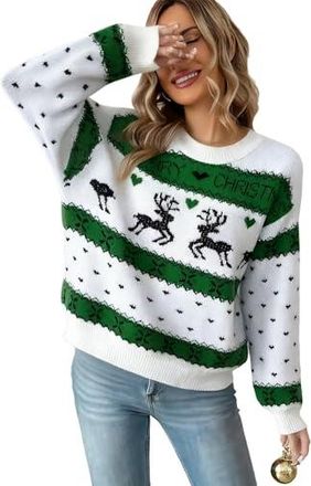 Generic Pull de No&euml;l en tricot pour femme - Coupe r&eacute;guli&egrave;re - Motif renne - Lettres Merry Christmas, Vert, L