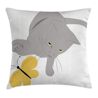 Generic Throw Pillow Covers Graue Und Gelbe Katze, Haustier, Bester Freund Der Katze, Spielt Mit Einem Fr&uuml;hlingsschmetterling Kissenbezug Weich Pillow Cases C