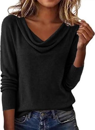 Generic Pull &agrave; col b&eacute;nitier pour femme - Pull tendance en tricot fin &agrave; col en V - Grande taille - Pull habill&eacute; et d&eacute;contract&eacute; pour sortir - Tricot printemps &agrave;